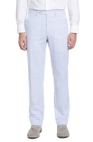 Berle Berle Flat Front Stripe Cotton Seersucker Pants Light Blue