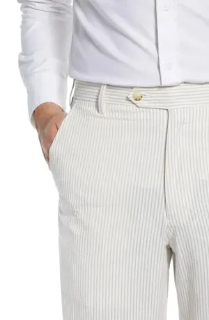 Berle Flat Front Stripe Cotton Seersucker Pants - Tan