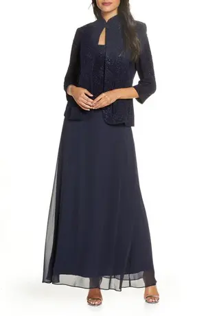 Alex Evenings Sequin Gown With Jacket - Navy