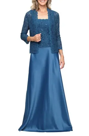 Alex Evenings Sequin Lace And Satin Gown With Jacket - Peacock