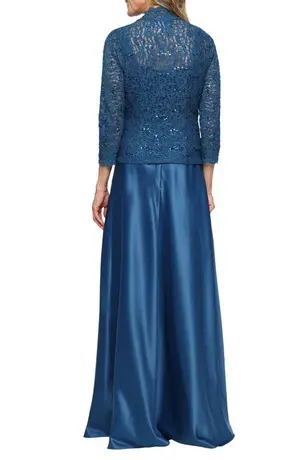 Alex Evenings Sequin Lace And Satin Gown With Jacket - Peacock
