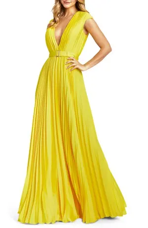 Mac Duggal Pleated Plunge Gown Lemon