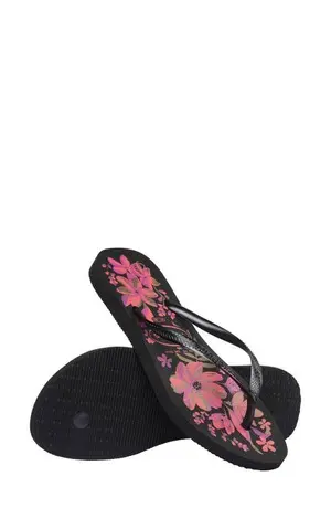 Havaianas Slim Floral Flip Flop - Black/grey/gold