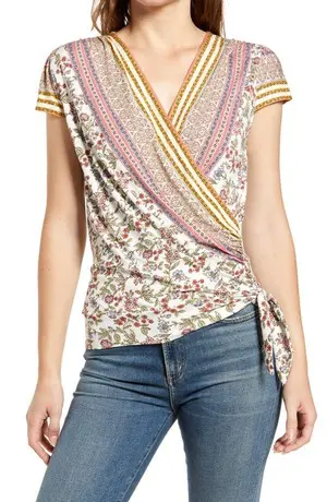 Loveappella Wrap Front Polka Dot Top - Ivory/ Coral