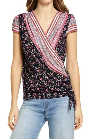 Loveappella Wrap Front Polka Dot Top - Navy