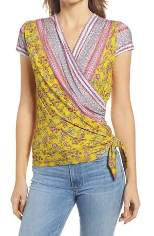 Loveappella Wrap Front Polka Dot Top Yellow