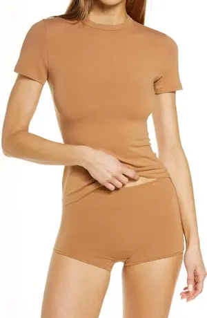SKIMS Crop Cotton Blend T-shirt Camel