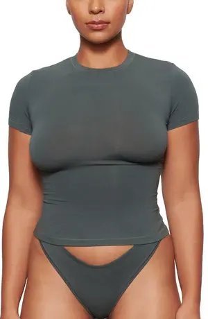 SKIMS Crop Cotton Blend T-shirt Deep Sea