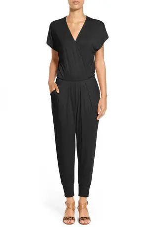 Loveappella Short Sleeve Wrap Top Jumpsuit - Black