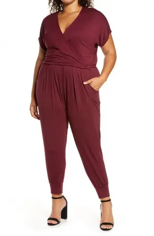 Loveappella Loveappella Short Sleeve Wrap Top Jumpsuit Burgundy