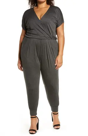 Loveappella Loveappella Short Sleeve Wrap Top Jumpsuit Charcoal