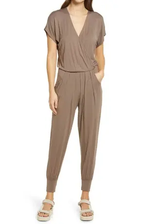 Loveappella Short Sleeve Wrap Top Jumpsuit - Dark Khaki