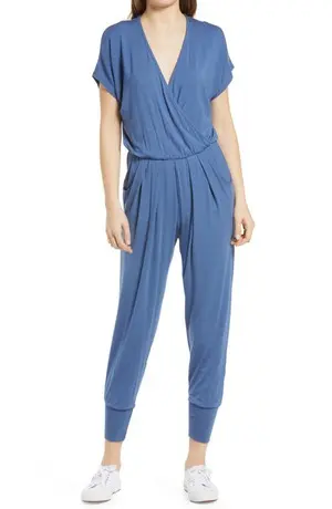 Loveappella Short Sleeve Wrap Top Jumpsuit - Denim