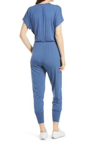 Loveappella Short Sleeve Wrap Top Jumpsuit - Denim