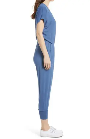 Loveappella Short Sleeve Wrap Top Jumpsuit - Denim