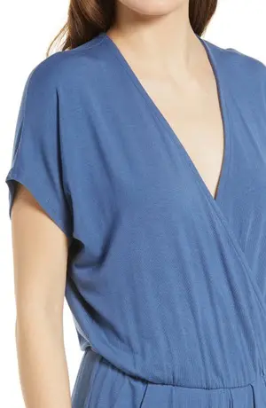 Loveappella Short Sleeve Wrap Top Jumpsuit - Denim