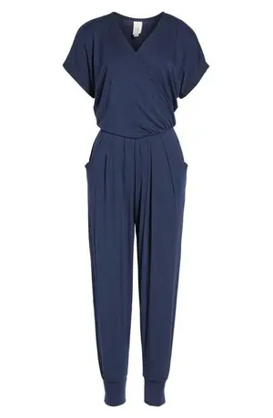 Loveappella Short Sleeve Wrap Top Jumpsuit - Midnight Blue
