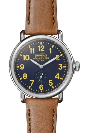 Shinola SHINOLA The Runwell Leather Strap Watch Tan/ Collegiate Blue/ Silver