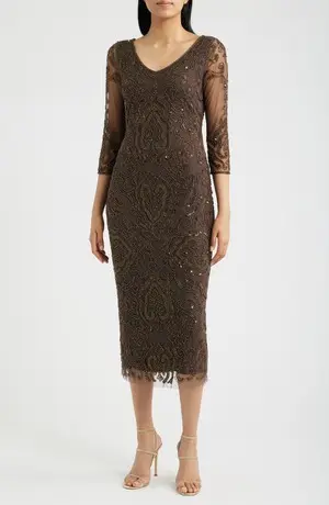 Pisarro Nights Sequin & Beaded Sheath Dress - Chocolate 201