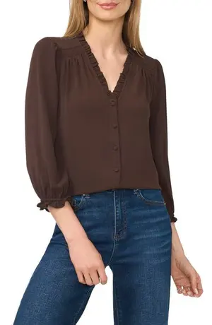 CECE DUPRAZ Ruffle V-neck Blouse - Coffee Bean