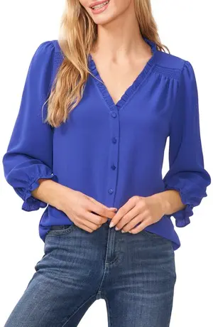 CECE DUPRAZ CeCe Ruffle V-neck Blouse Mineral Blue