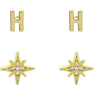 PANACEA Panacea Initial And Starburst Stud Earrings Set Gold-h