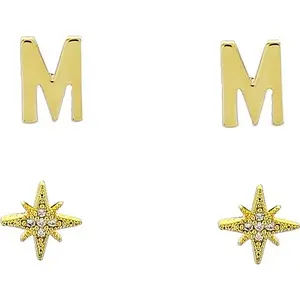 PANACEA Initial And Starburst Stud Earrings Set - Gold-m