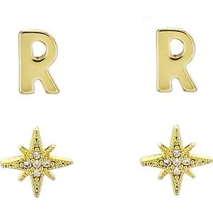 PANACEA Panacea Initial And Starburst Stud Earrings Set Gold-r