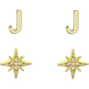 PANACEA Initial And Starburst Stud Earrings Set - Gold