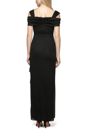 Alex Evenings Cold Shoulder Ruffle Glitter Chiffon Gown - Black