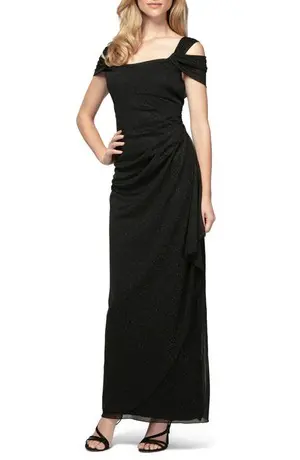 Alex Evenings Cold Shoulder Ruffle Glitter Chiffon Gown - Black