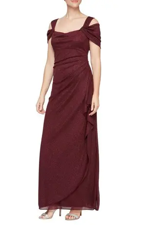 Alex Evenings Cold Shoulder Ruffle Glitter Chiffon Gown - Fig