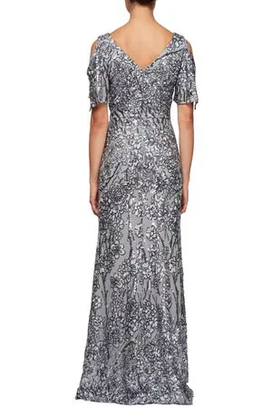 Alex Evenings Sequin Lace Cold Shoulder Trumpet Gown - Silver