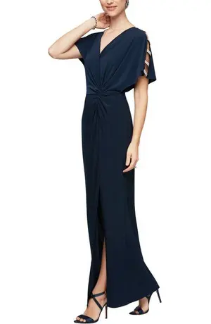 Alex Evenings Embellished Sleeve Knot Front Jersey Gown