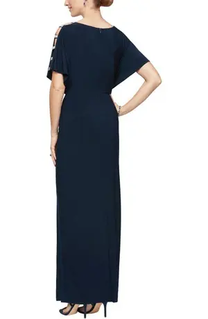 Alex Evenings Embellished Sleeve Knot Front Jersey Gown