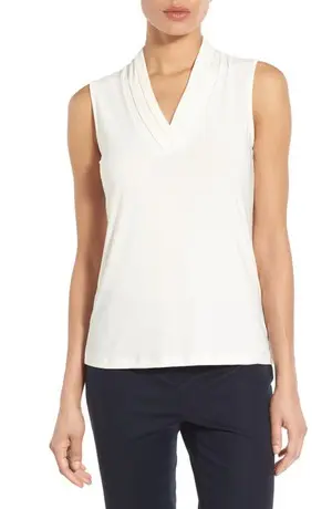 Anne Klein Triple Pleat V-neck Jersey Top - White