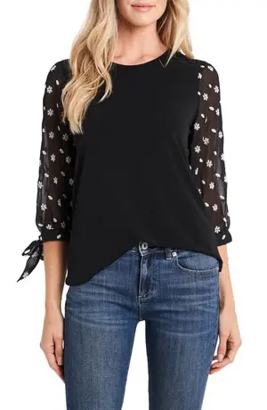 CECE DUPRAZ Knit Top With Floral Embroidered Sleeves - Rich Black