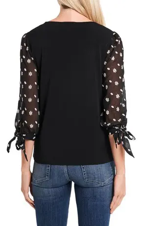 CECE DUPRAZ Knit Top With Floral Embroidered Sleeves - Rich Black