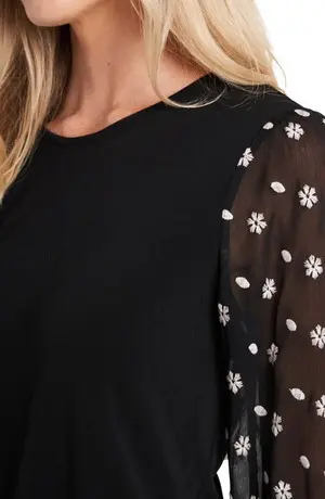 CECE DUPRAZ Knit Top With Floral Embroidered Sleeves - Rich Black
