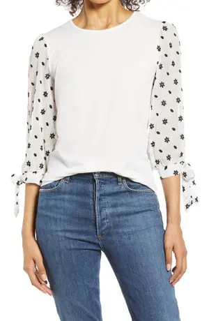 CECE DUPRAZ Knit Top With Floral Embroidered Sleeves Soft Ecru