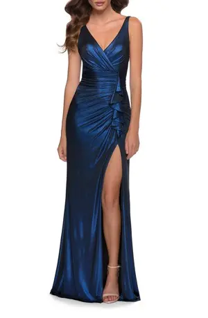 LABOMME Metallic Ruffle Jersey Gown