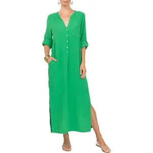 EVERYDAY RITUAL Button Front Cotton Gauze Caftan - Parakeet