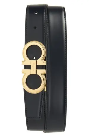 FERRAGAMO Salvatore Double Gancio Reversible Belt Blue Marine Nero