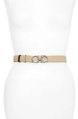 FERRAGAMO Salvatore Double Gancio Reversible Belt New Bisque/ Nero