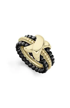 Lagos Meridian 18k Gold & Ceramic Stacking Ring Set - Gold/ Black