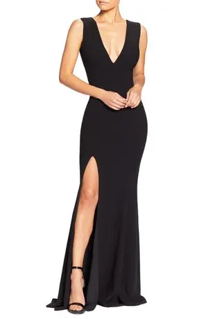 Dress The Population Sandra Plunge Crepe Trumpet Gown - Black
