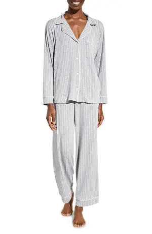 Eberjey Gisele Printed Long Pajamas Classic Stripe H.grey/ Ivory