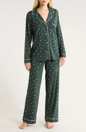 Eberjey Gisele Printed Long Pajamas Holiday Dogs Pine/iv