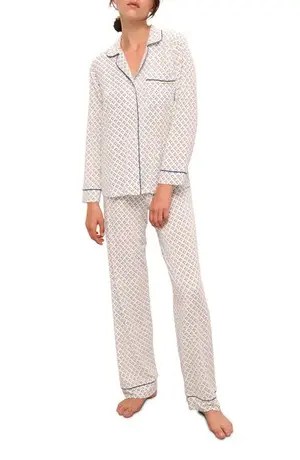 Eberjey Gisele Printed Long Pajamas Petite Batik Ivory/ Denim