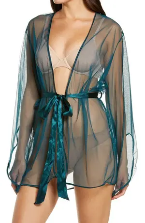 OH LA LA CHERI Sydney Satin Bow Mesh Robe Deep Teal